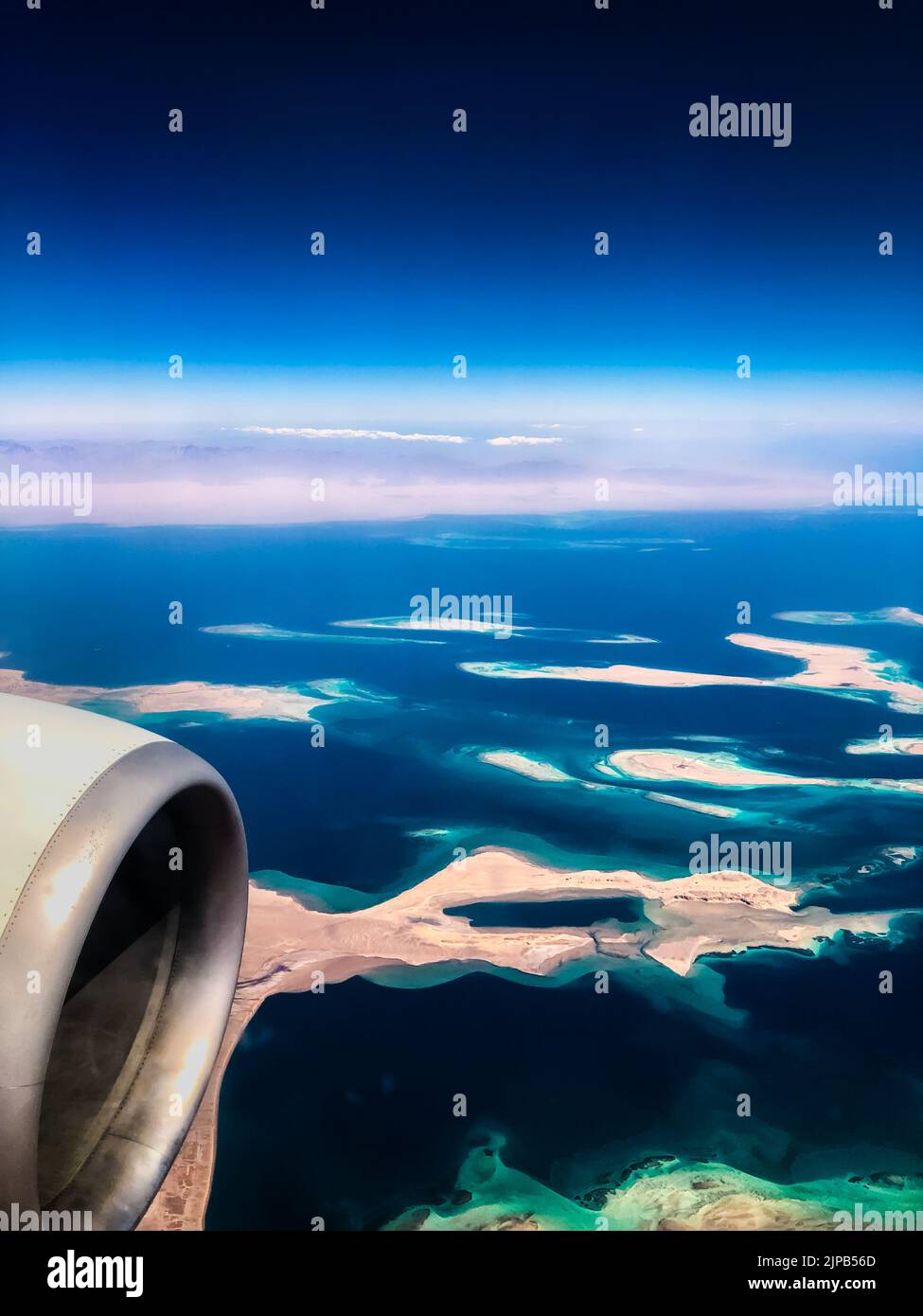Aerial top view from airplane coastline Egyptian Desert islands. Red ...