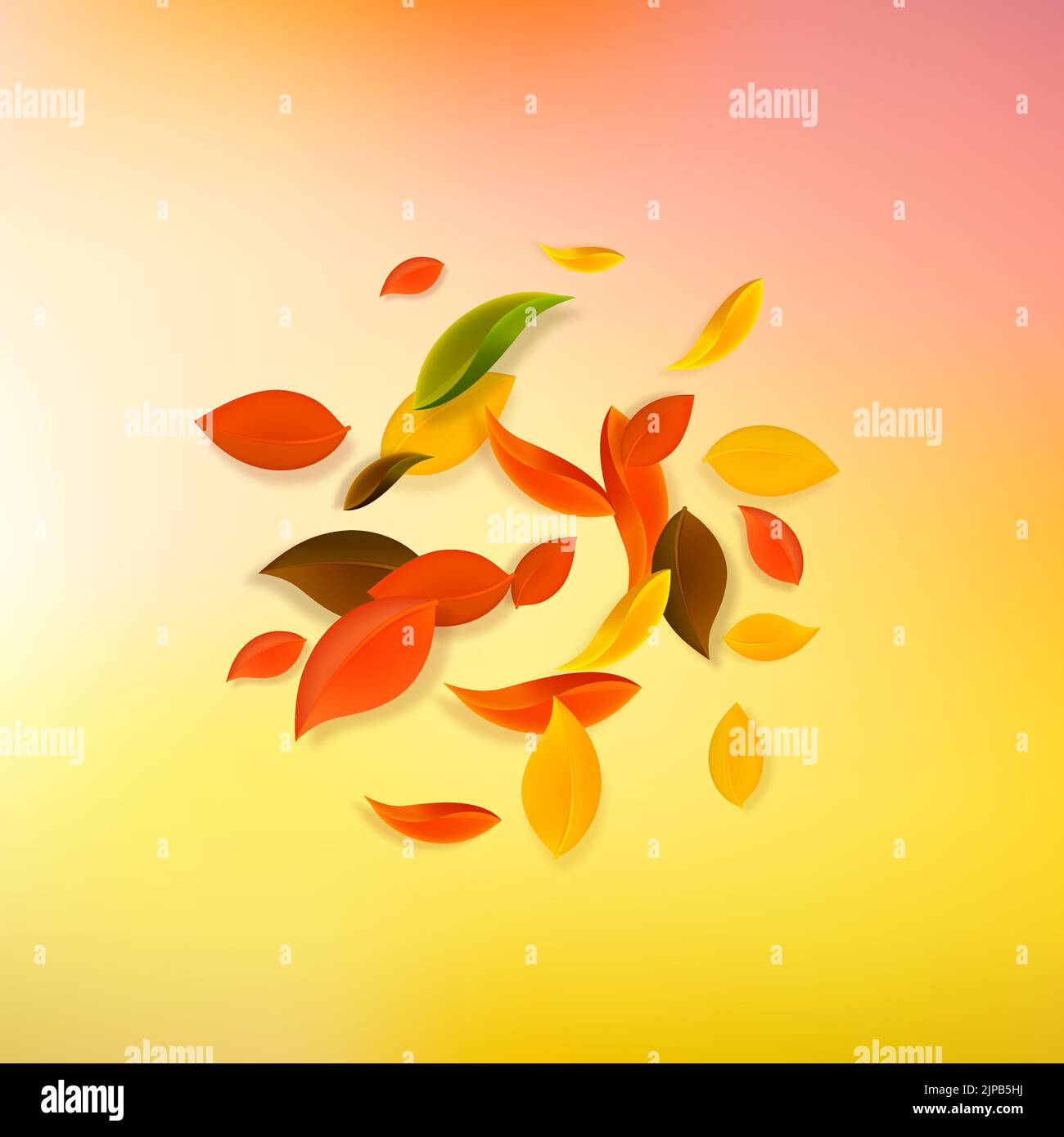 Falling autumn leaves. Red, yellow, green, brown chaotic leaves flying. Explosion colorful ...