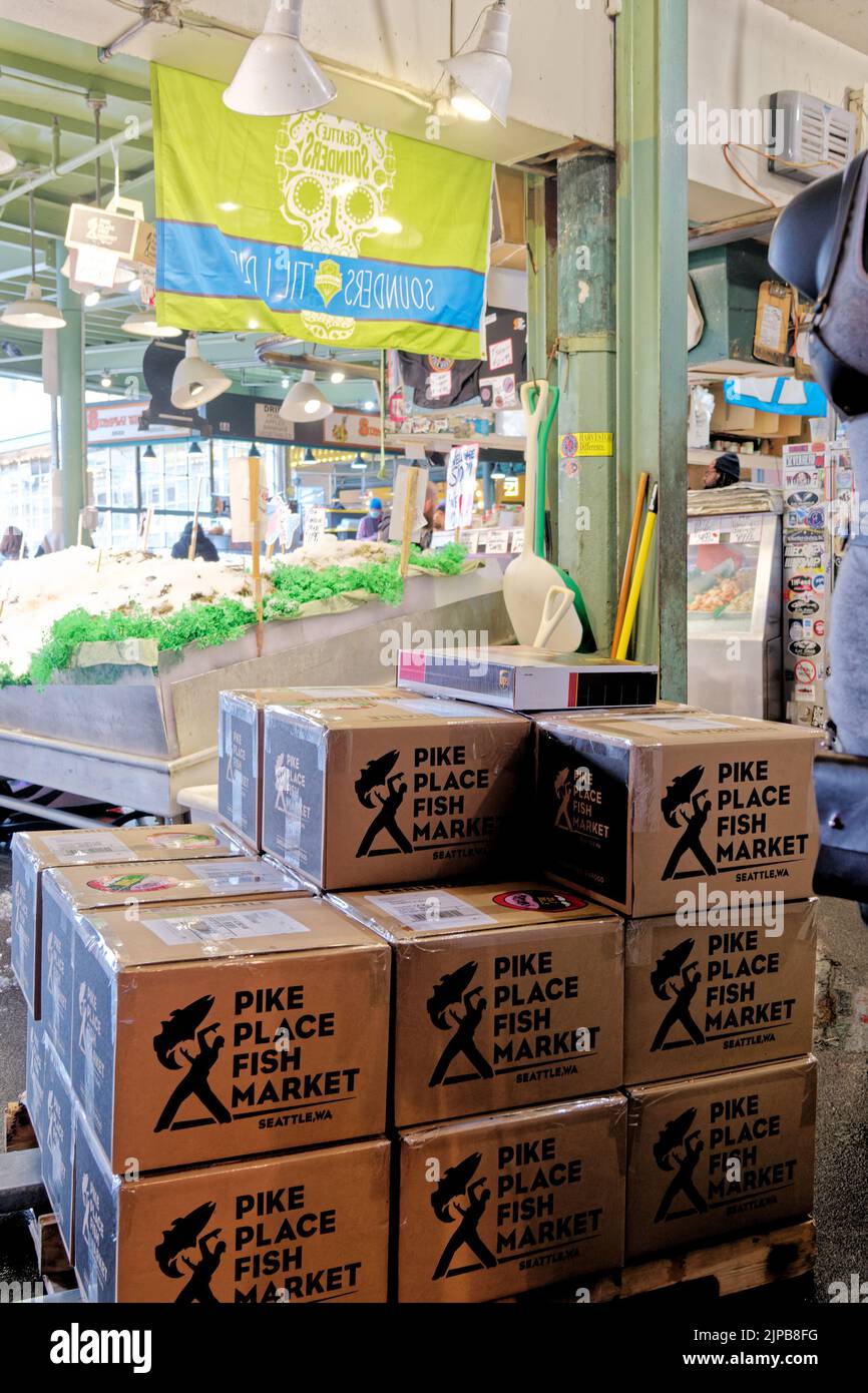 Cartons in Pike Place Fish Market Stock Photo - Alamy