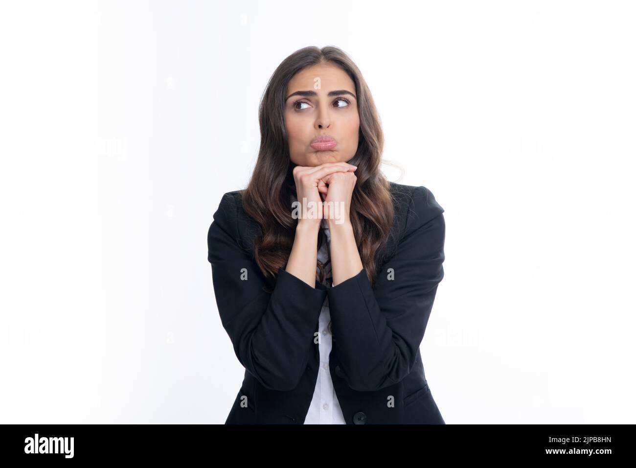 Funny young business woman in suit. Portrait of excited amazed gasping ...