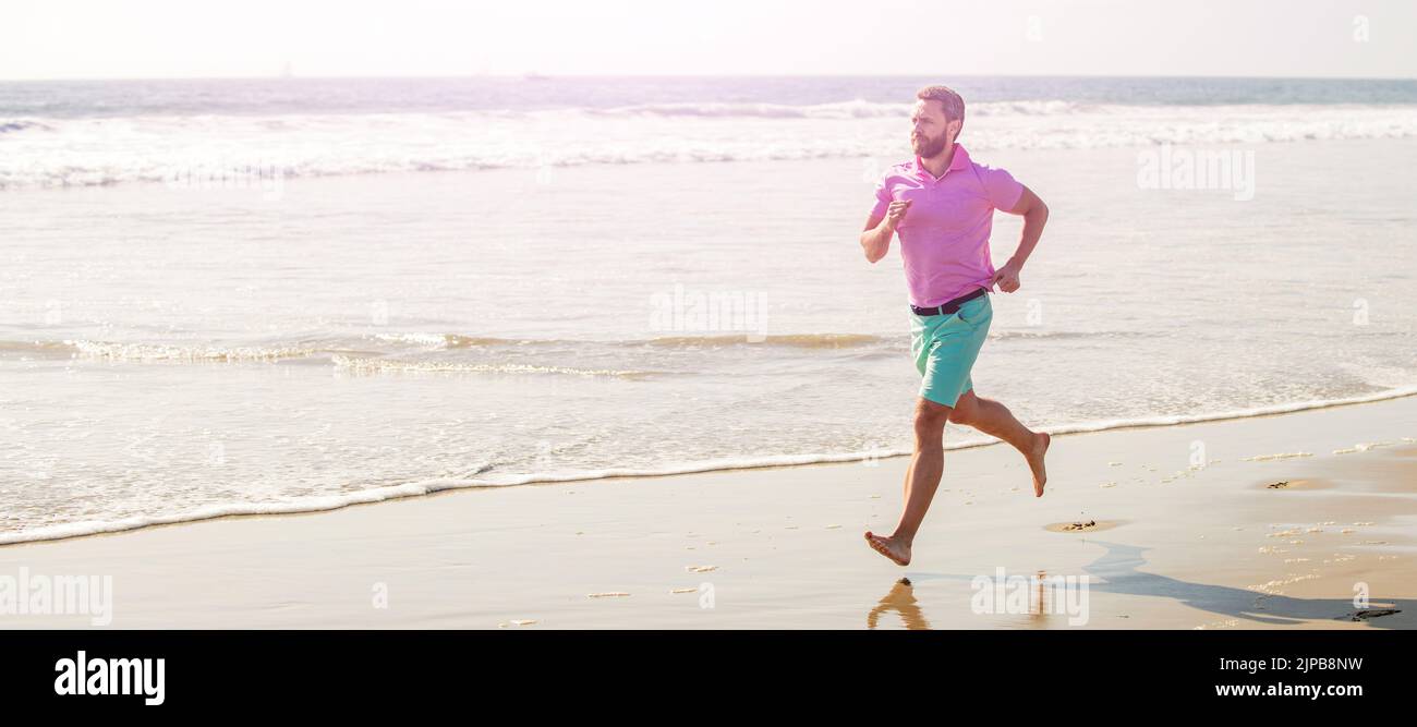 Man running and jumping, banner with copy space. energetic summer ...