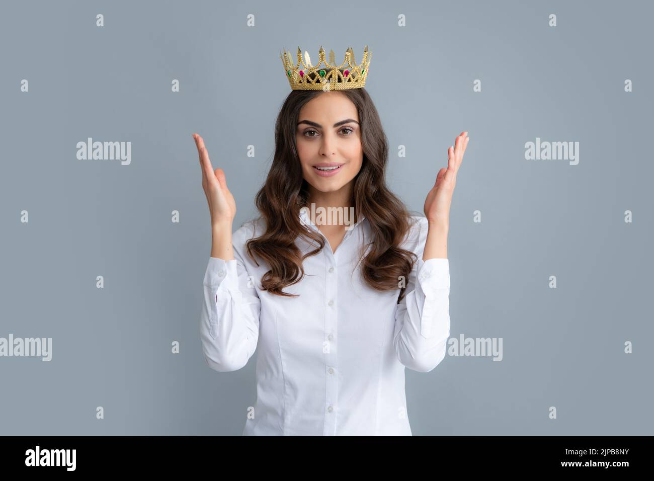 Proud arrogant woman with gold crown. Happy woman in crown, self ...