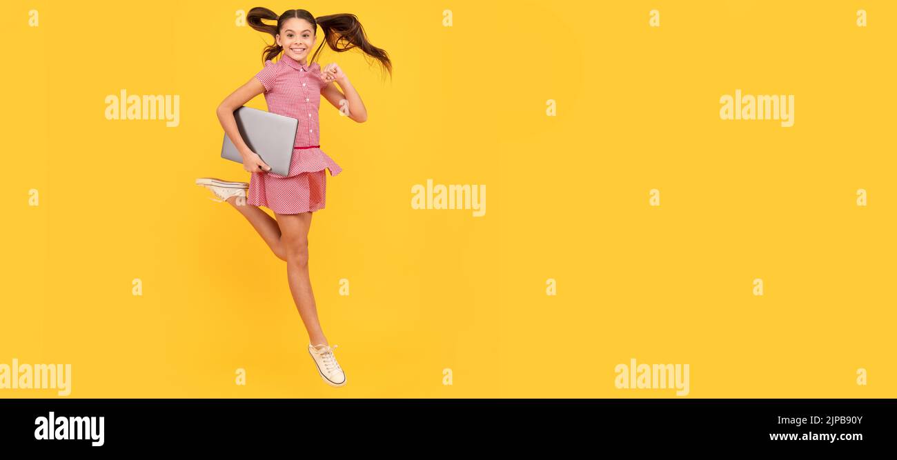 happy child girl hurry up running hold notebook to find sale and ...