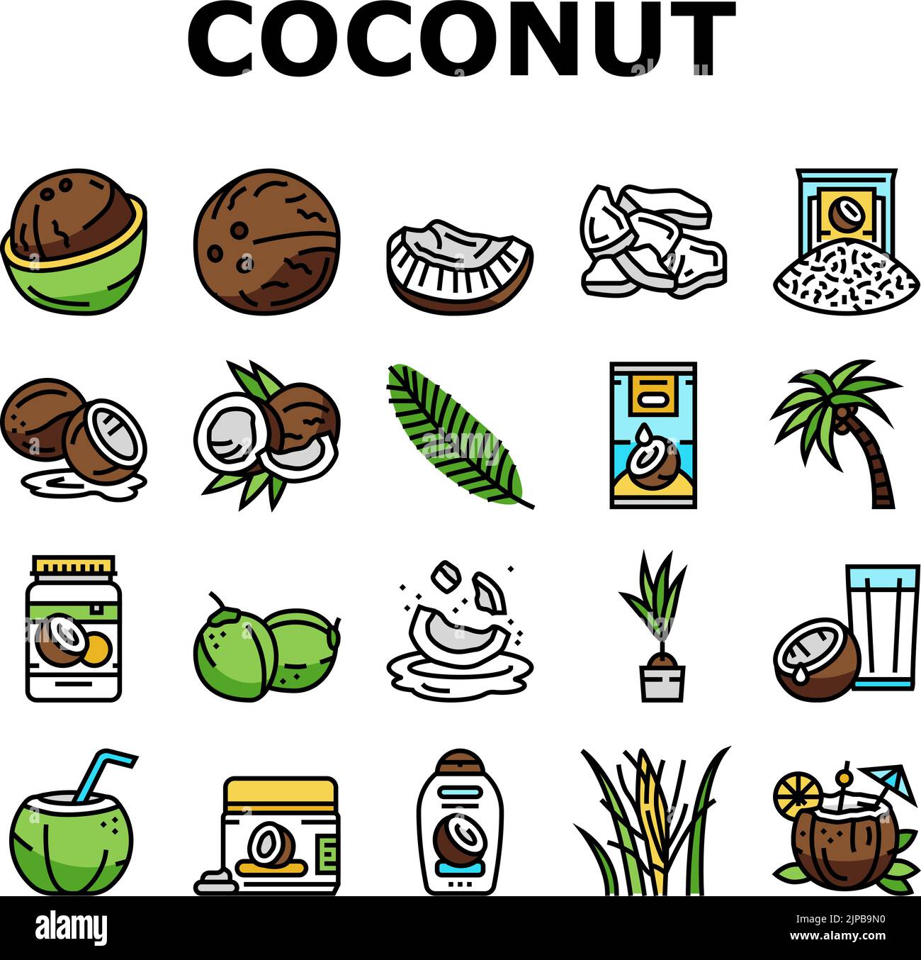 coconut coco fruit fresh white icons set vector Stock Vector Image ...