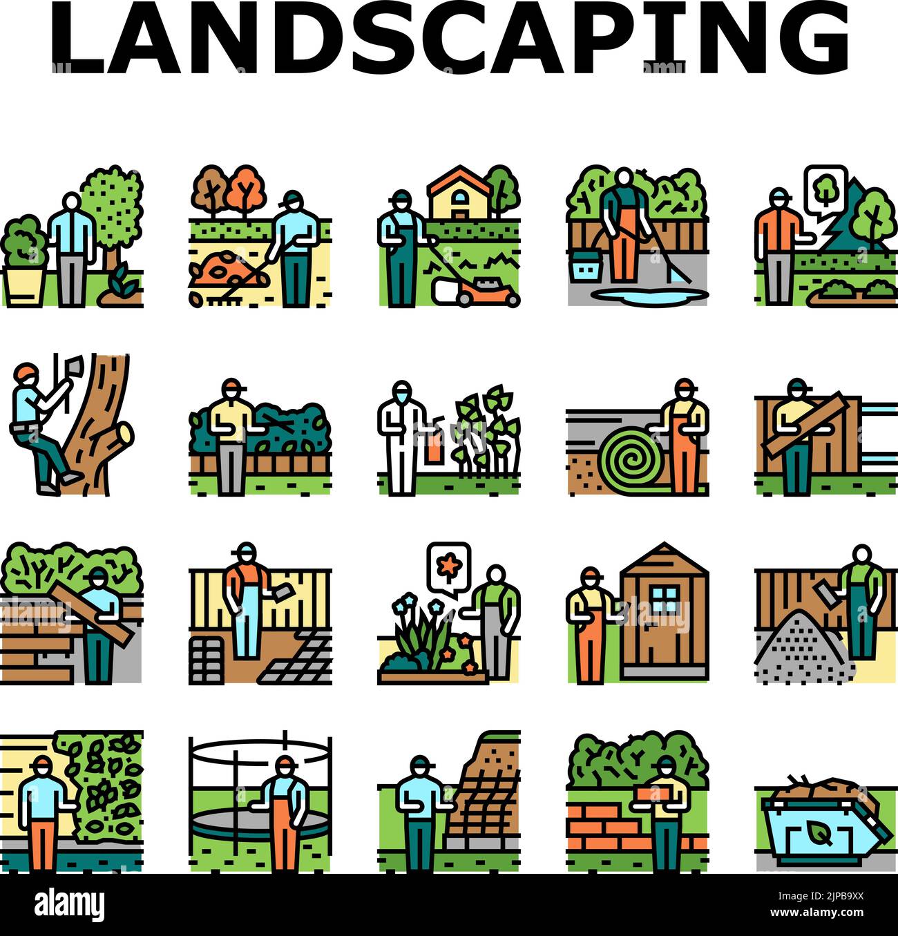 garden landscape lawn landscaping icons set vector Stock Vector Image ...