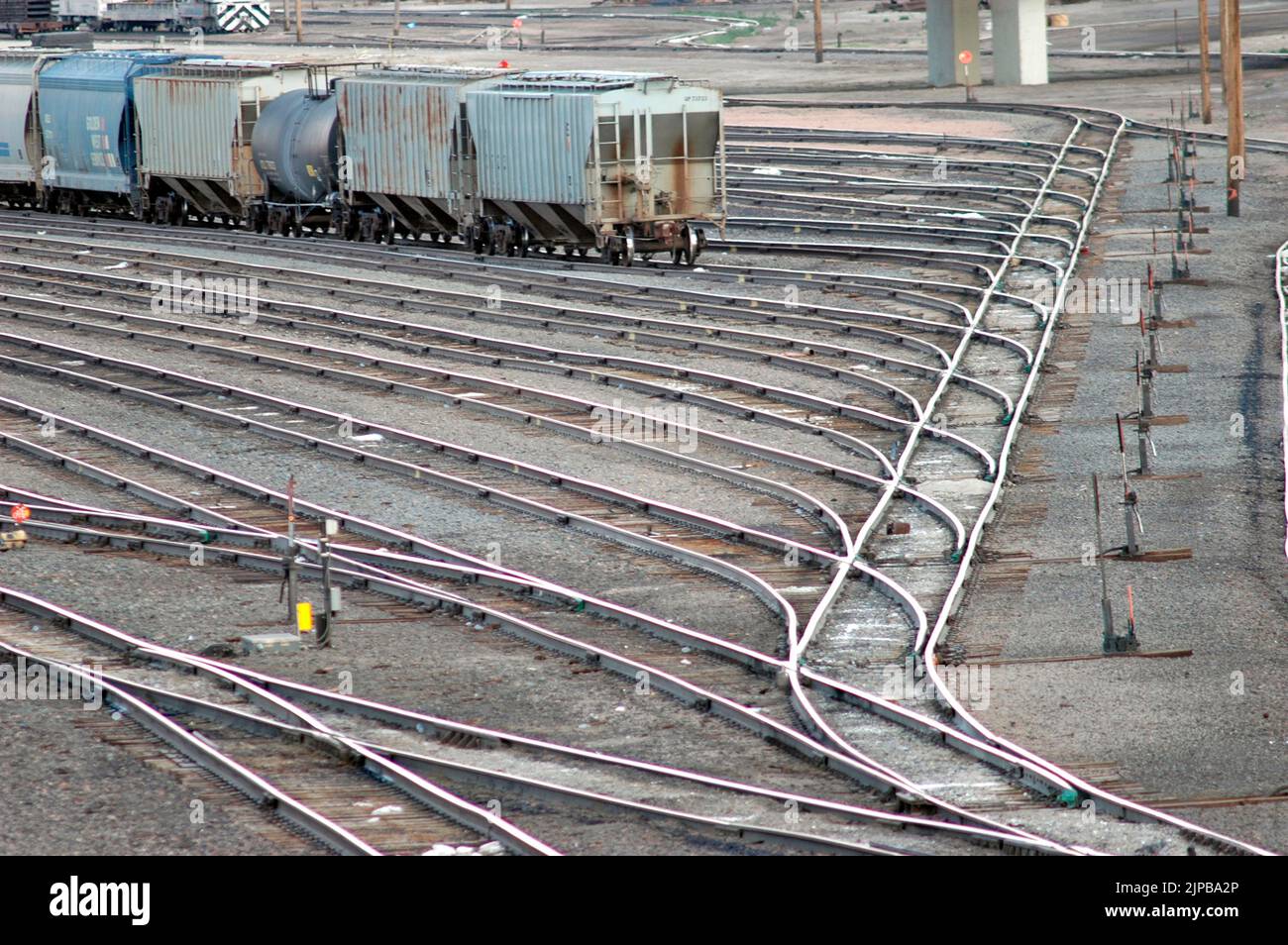 Locomotive remote controlled cab unoccupied Railroad train yard with ...
