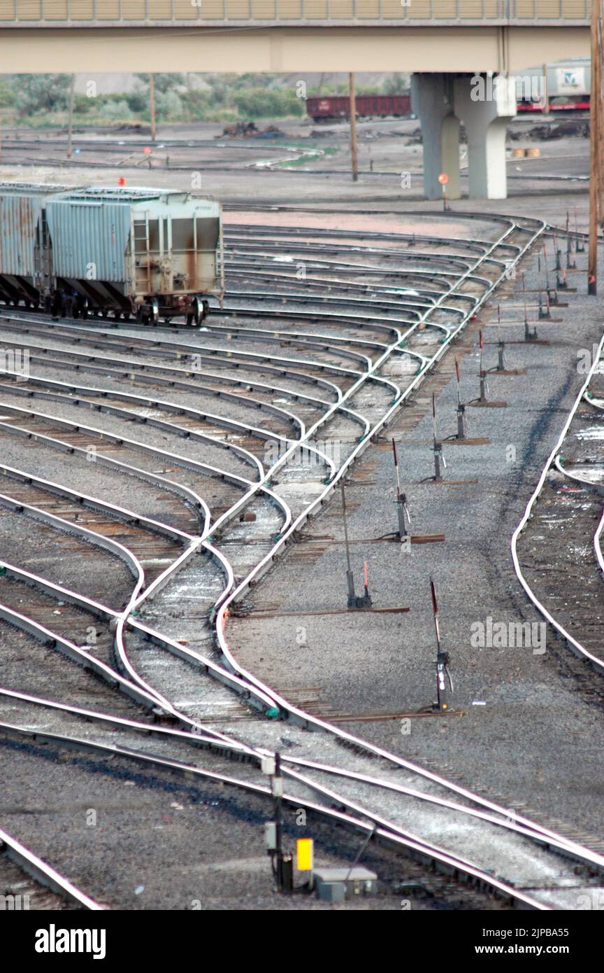 Locomotive remote controlled cab unoccupied Railroad train yard with ...