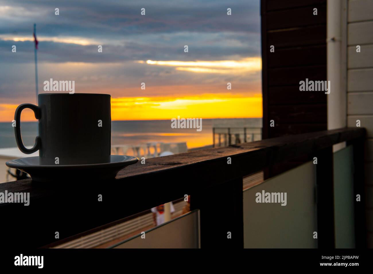 Sea coffee beach background travel cup mug ocean tea breakfast, concept ...