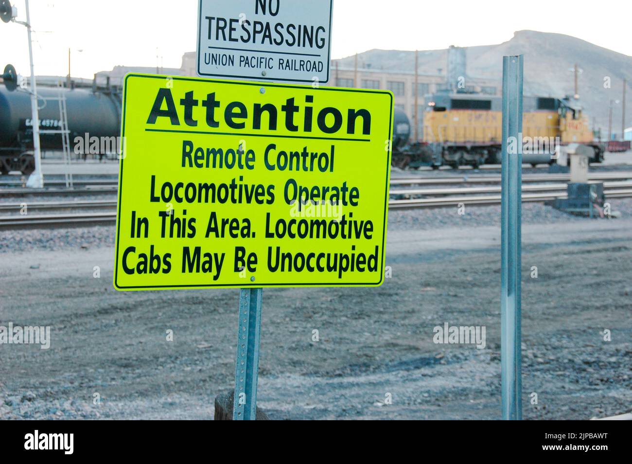 Locomotive remote controlled cab unoccupied Railroad train yard with ...