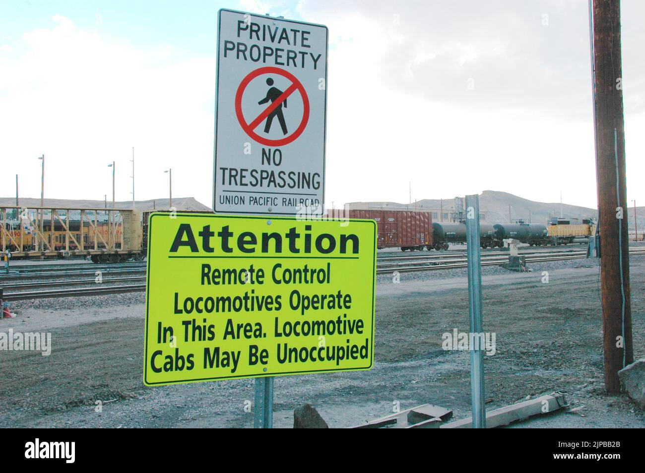 Locomotive remote controlled cab unoccupied Railroad train yard with ...