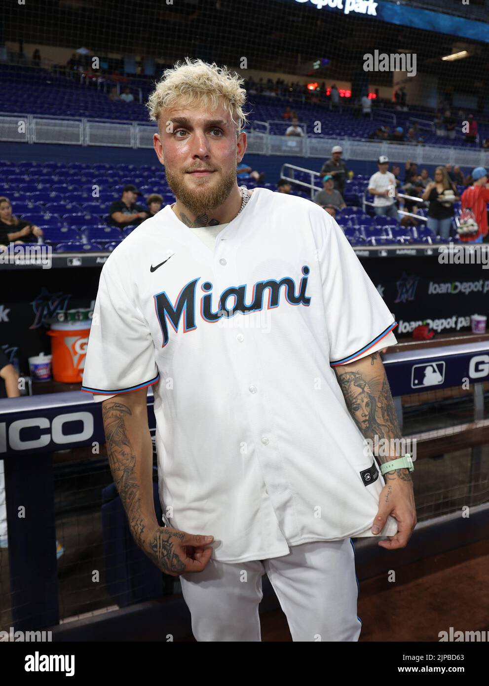 MIAMI, FL - AUGUST 16: Jake Paul attends the Miami Marlins vs San Diego ...