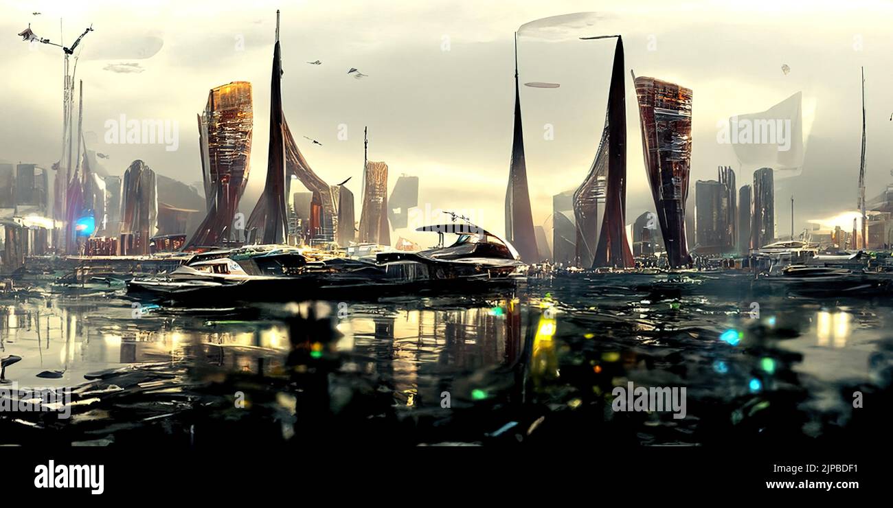 Floating futuristic megacity, conceptual illustration Stock Photo - Alamy