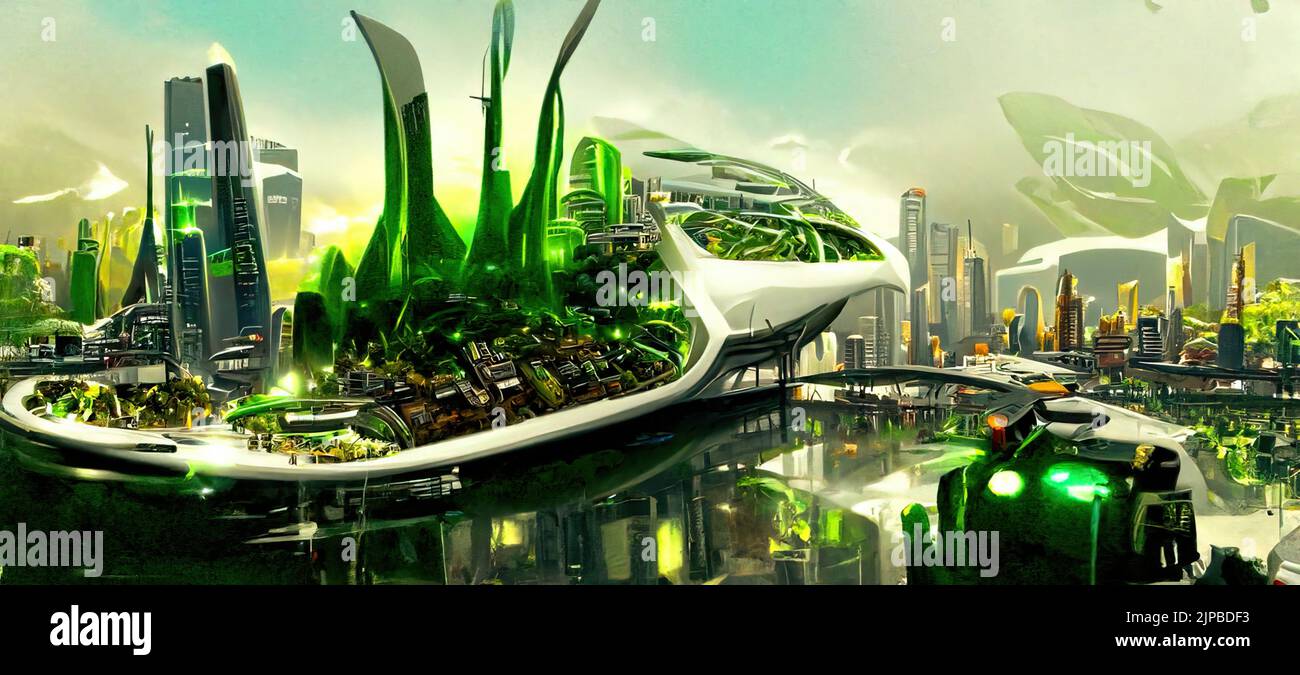 Futuristic green sustainable city, conceptual illustration Stock Photo ...