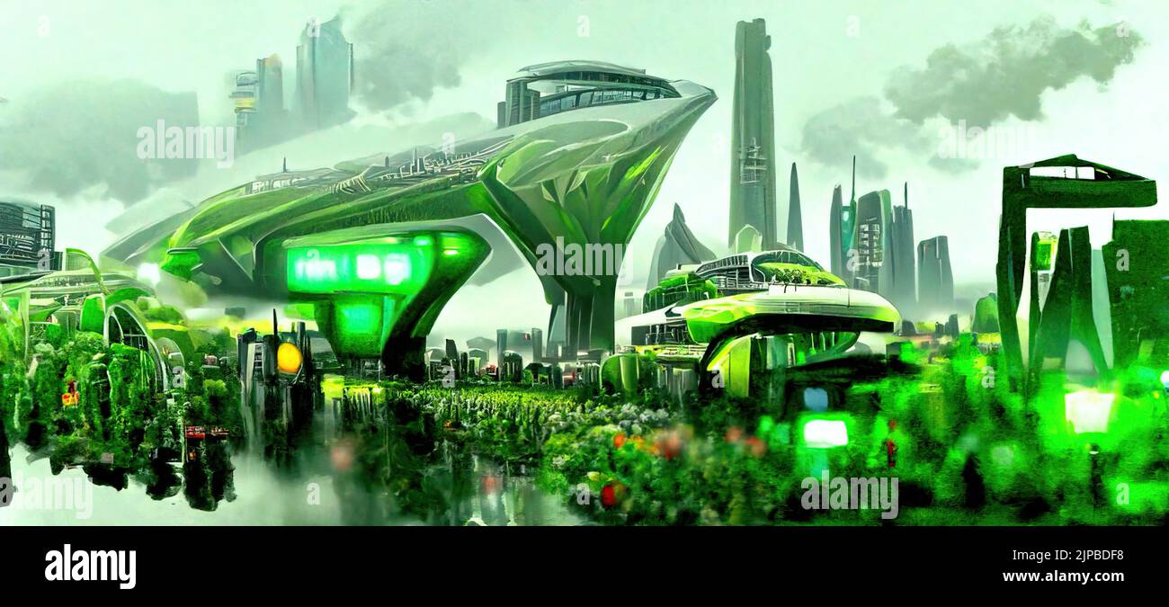 Futuristic green sustainable city, conceptual illustration Stock Photo ...