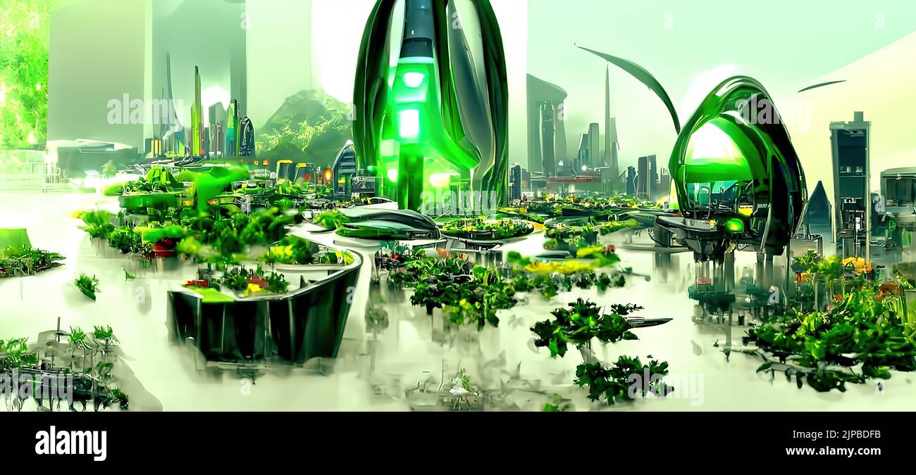 Futuristic green sustainable city, conceptual illustration Stock Photo ...