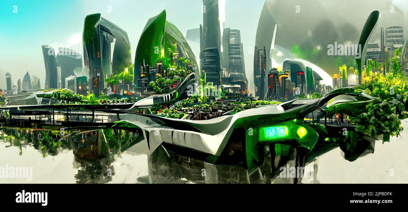 Futuristic green sustainable city, conceptual illustration Stock Photo ...