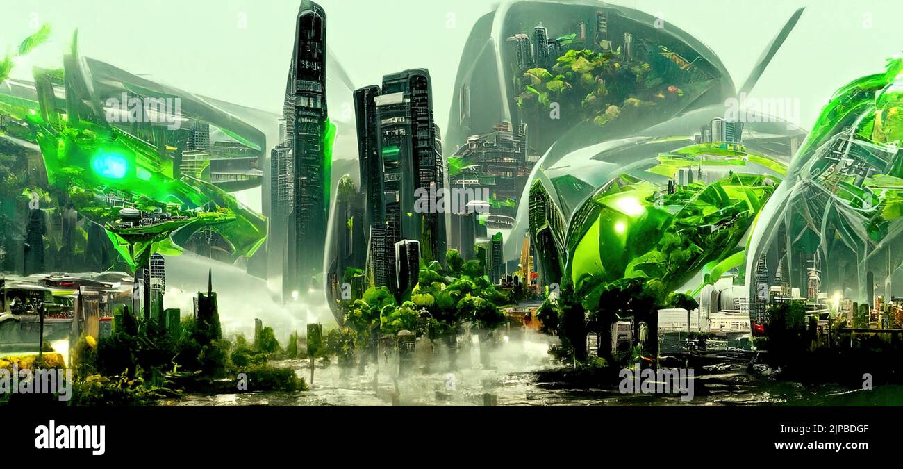 Futuristic green sustainable city, conceptual illustration Stock Photo ...