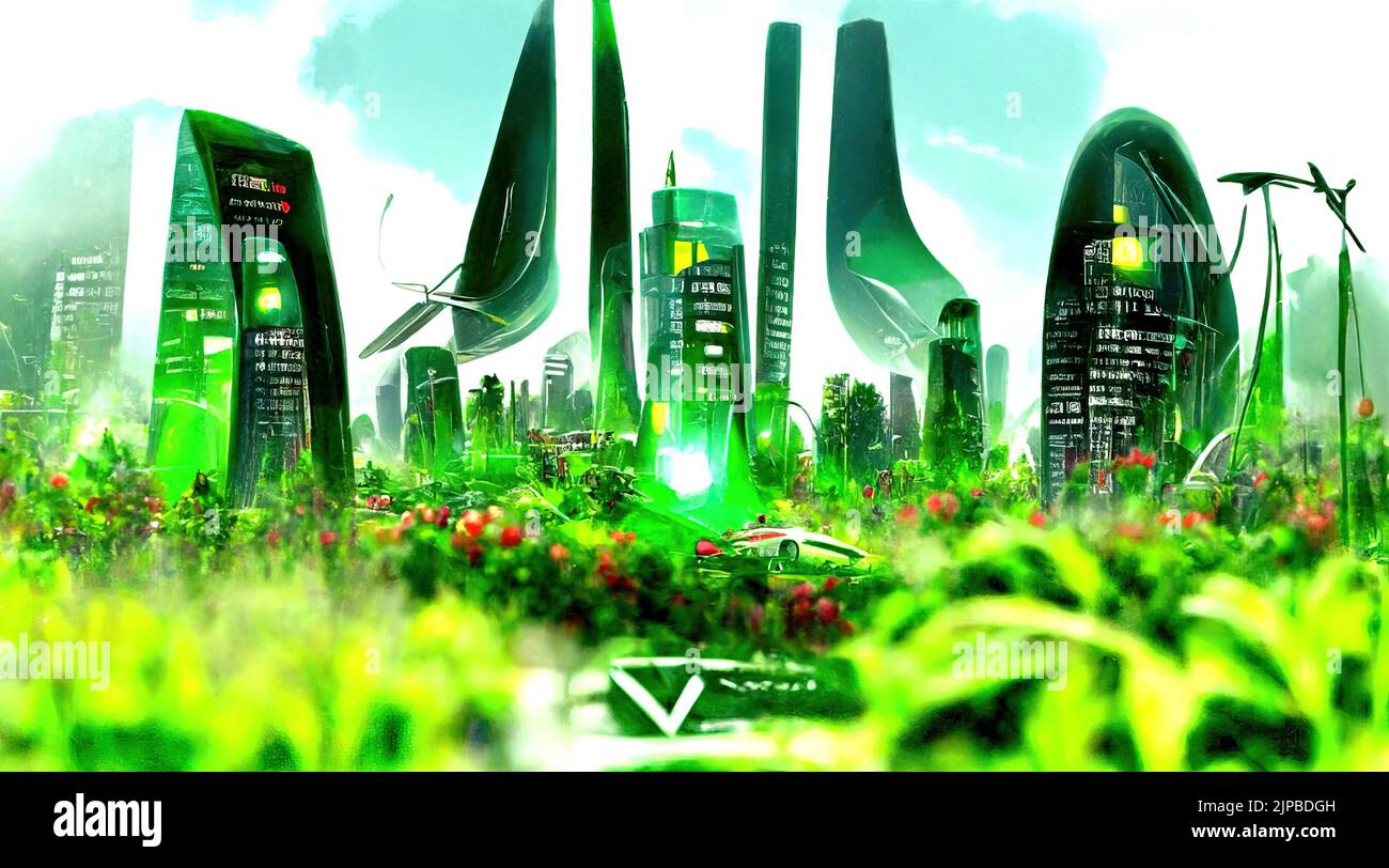 Futuristic green sustainable city, conceptual illustration Stock Photo ...