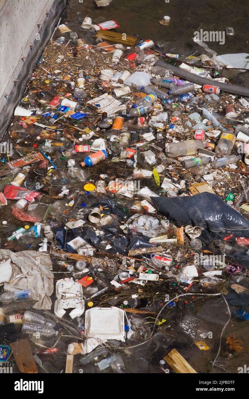 Floating discarded garbage and debris in the Old Port of Montreal ...