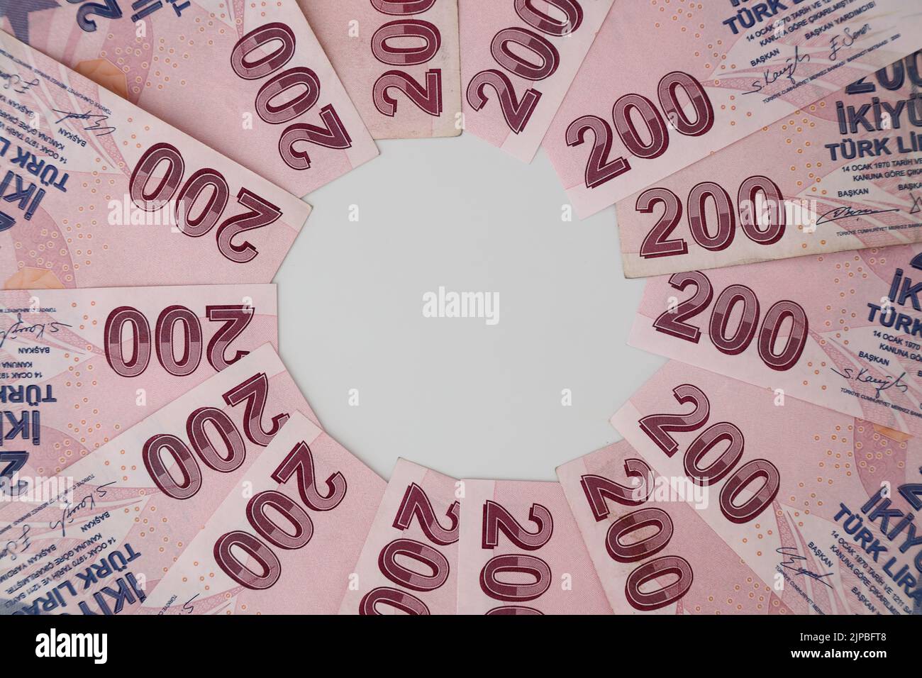 Turkish Lira banknotes of various color, pattern and value on white ...