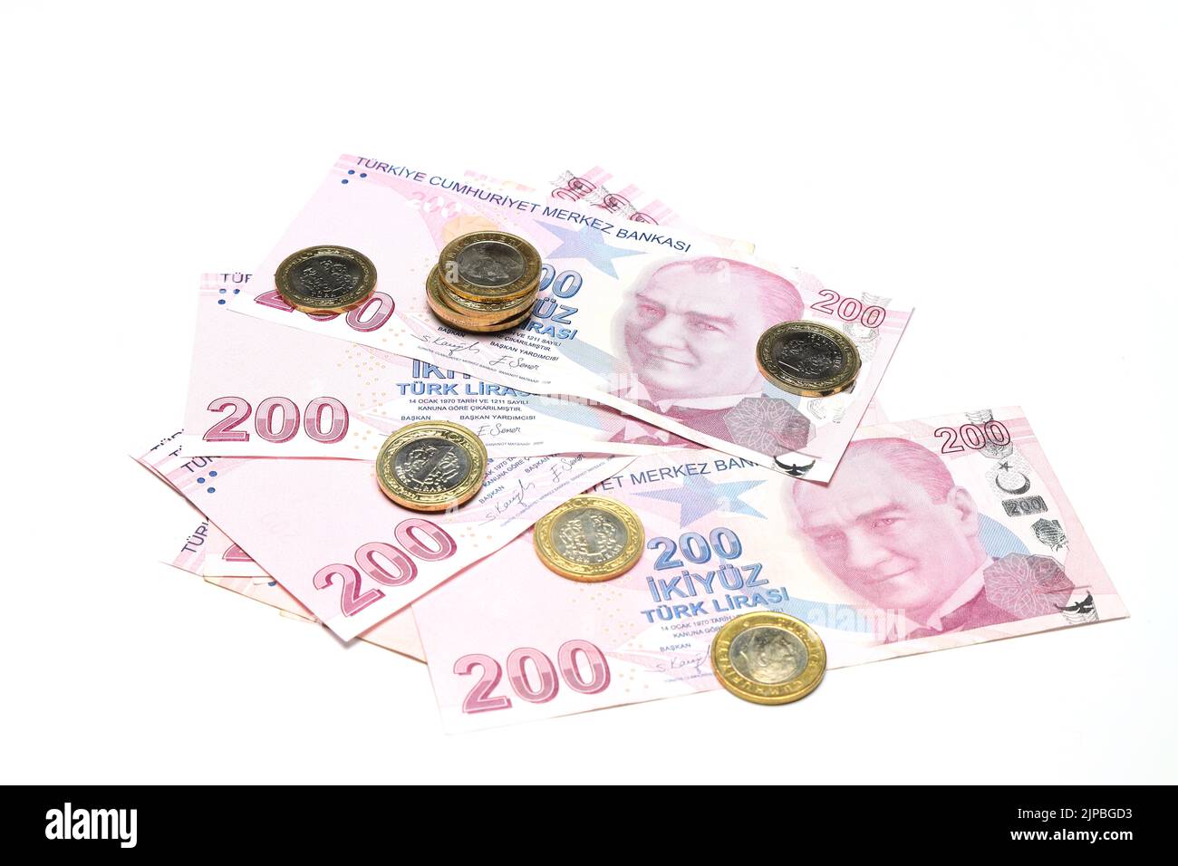 Turkish Lira banknotes of various color, pattern and value on white ...