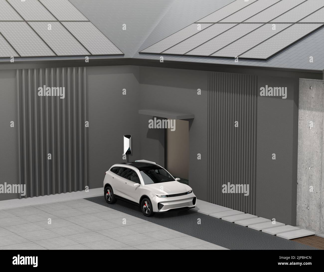 White electric SUV charing at home garage. Power by solar energy. 3D ...