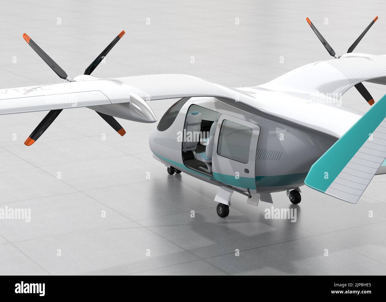 Rear view of Electric VTOL passenger aircraft parking on the ground ...