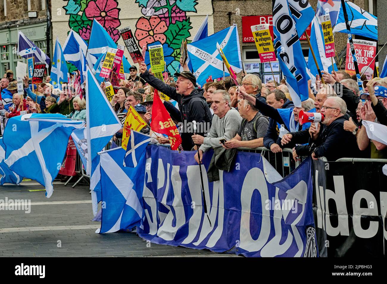 Perth Scotland, UK 16 August 2022. Protesters for a variety of causes ...