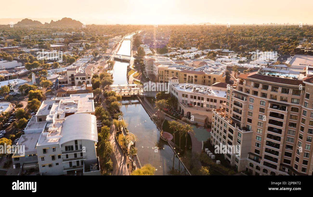 Aerial sunset view of the Salt River Canal and downtown area of ...