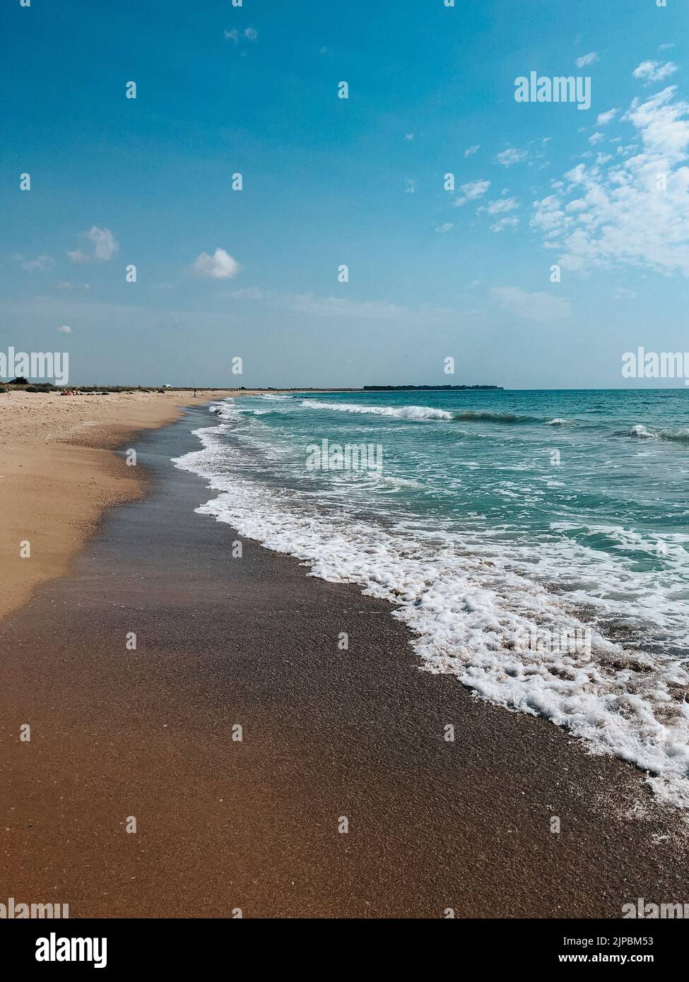 Sea blue aquamarine waves line sunny sand beach. Soft wave of ocean ...