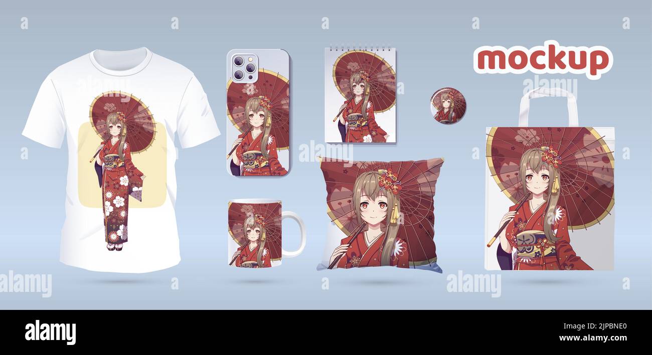 Anime Manga girl in traditional kimono. Identity branding mockup set ...