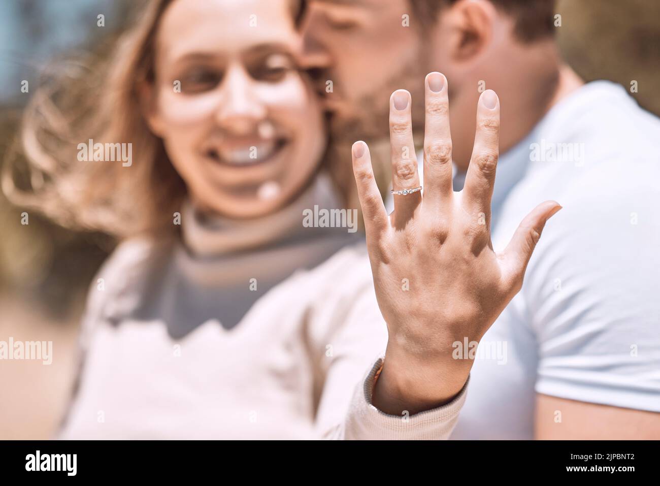 Closeup hand of proposal engagement ring after romantic, caring and ...