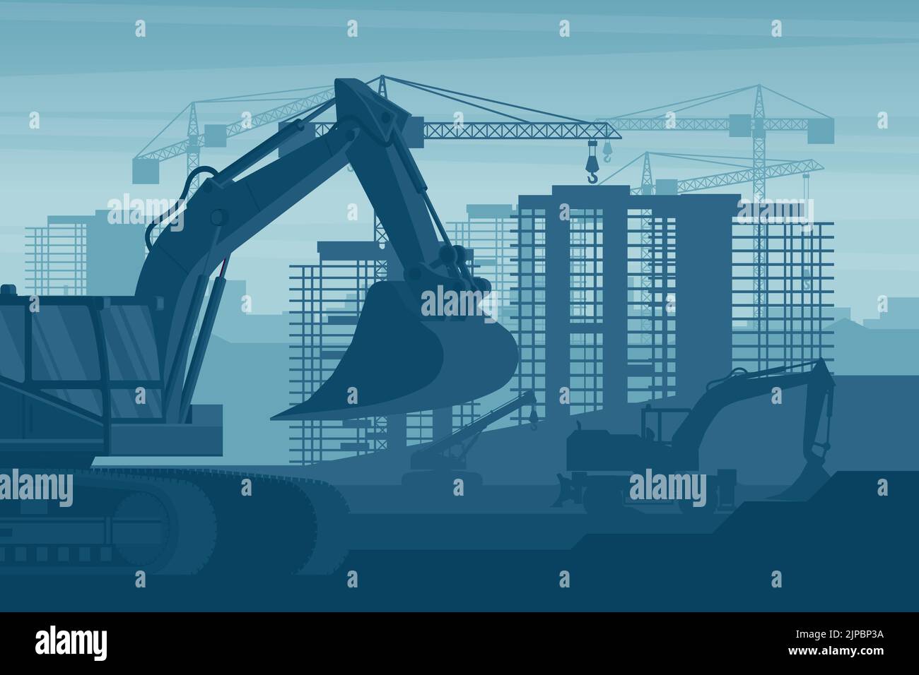Scene background of heavy machinery excavator, telescopic crane, wheel ...