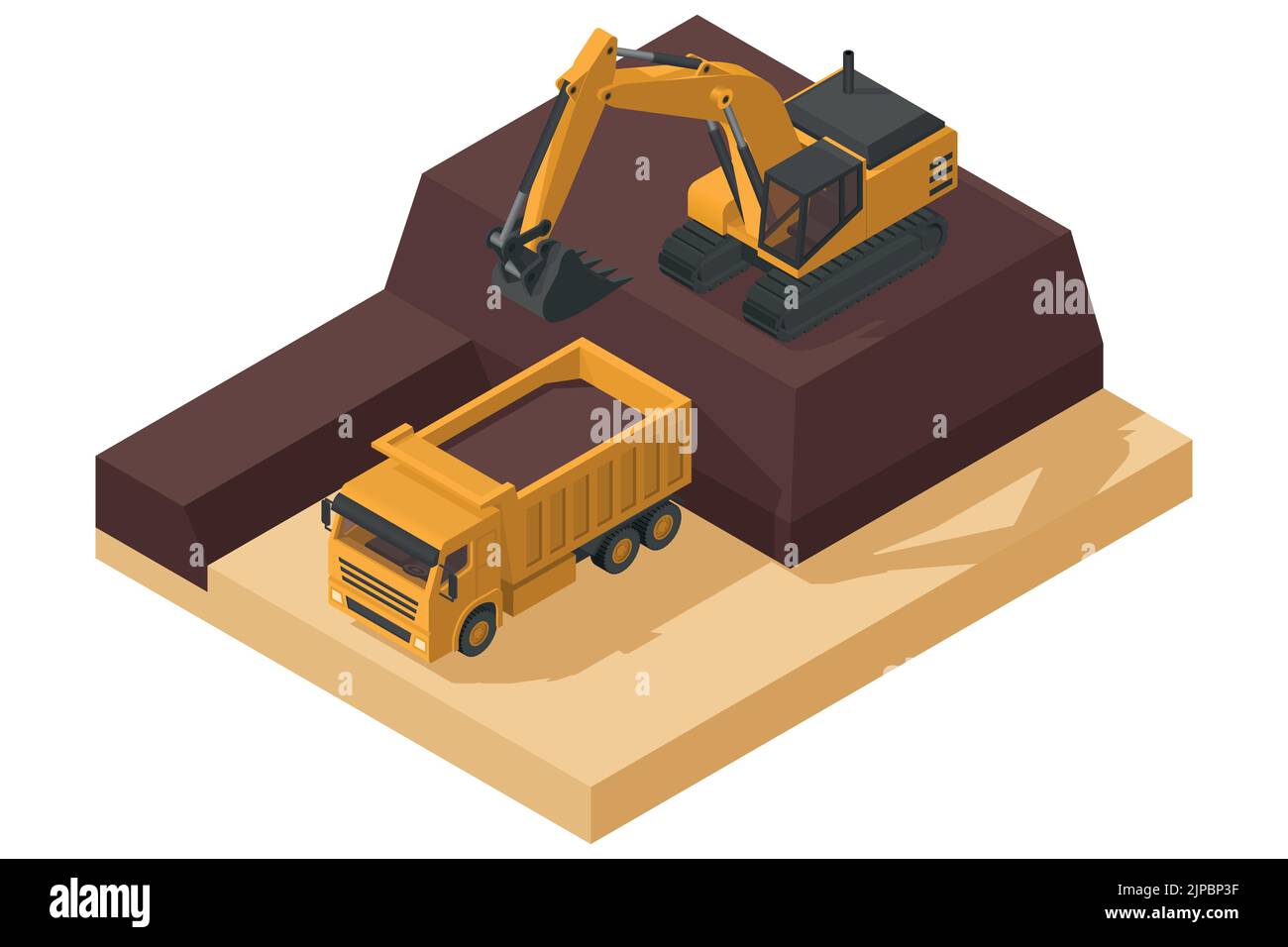 yellow heavy machinery with dump truck and isometric excavator working on a construction site ...