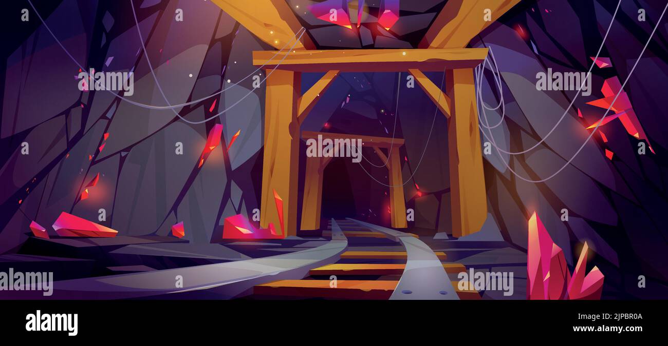 Mine tunnel, underground shaft with ruby deposit. Vector cartoon ...