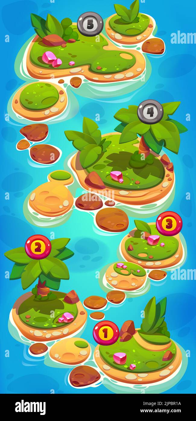 Game ui level map islands in ocean with crystals, palm trees, green ...