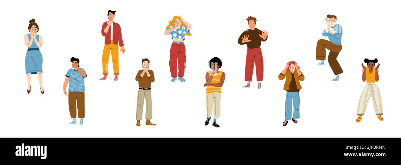 Afraid, scared people in shock, panic and stress. Diverse persons with ...