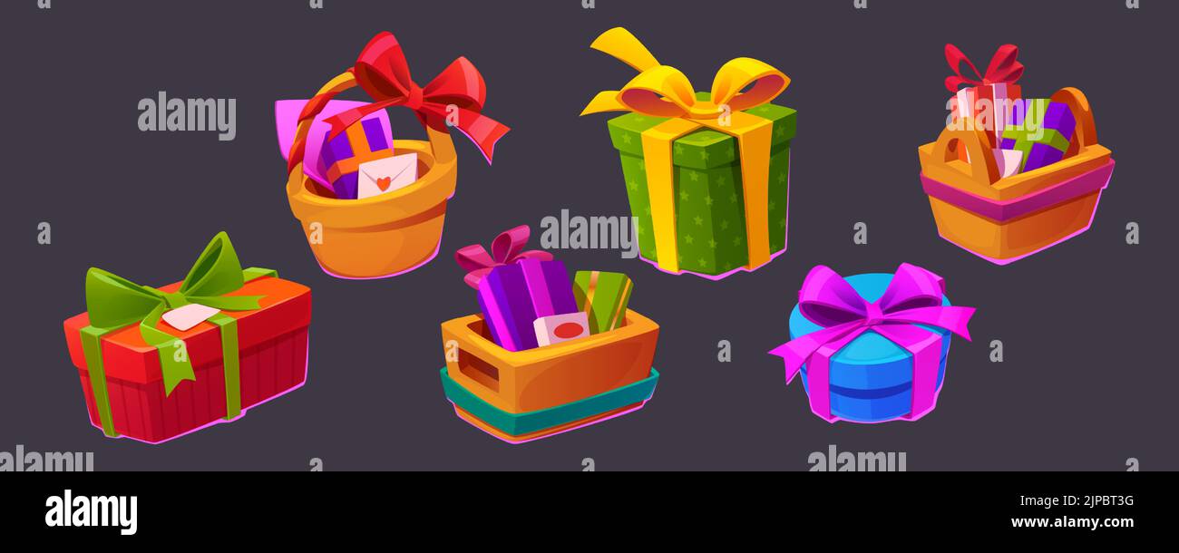 Gift hampers, boxes and baskets with envelopes, chocolate and wrapped ...
