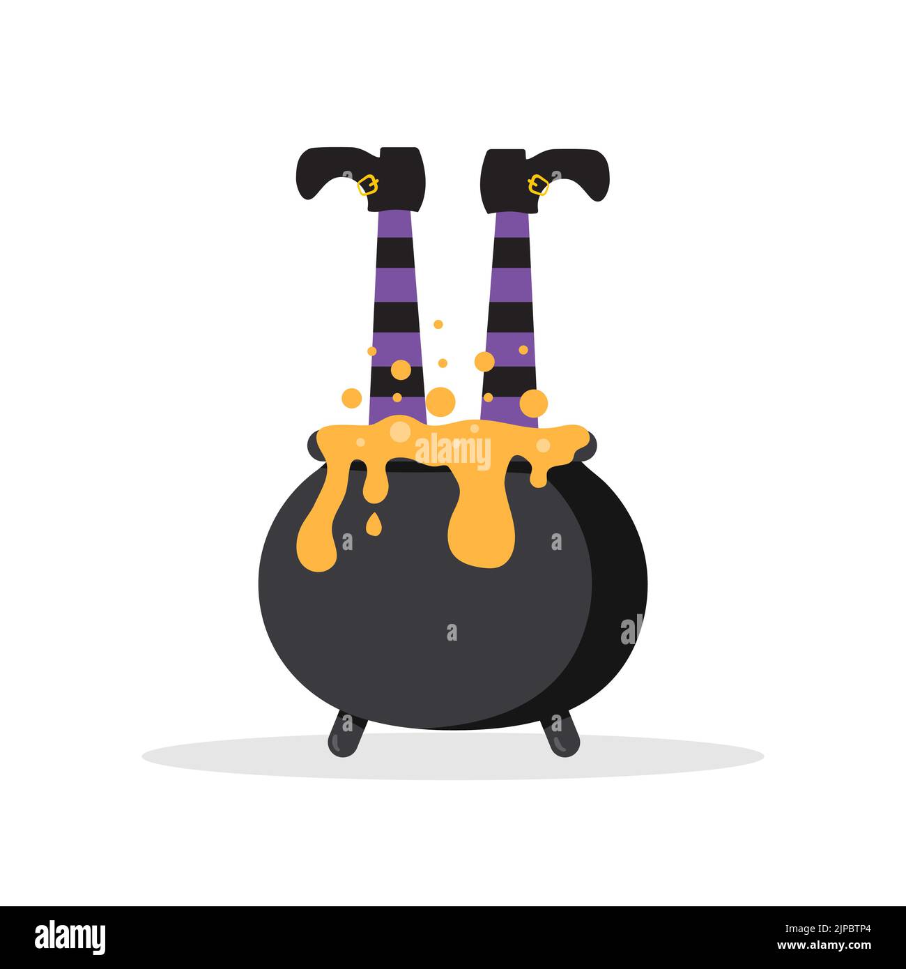 Gnome legs in magic cauldron with orange bubbling potion. Halloween ...