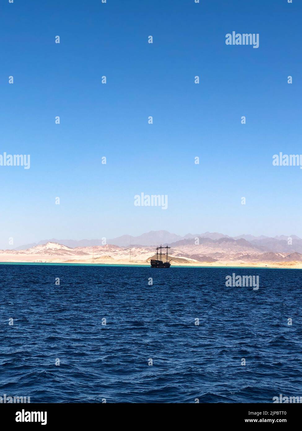 Ship yacht boat on horizon line Egypt. panoramic view blue sea surface ...