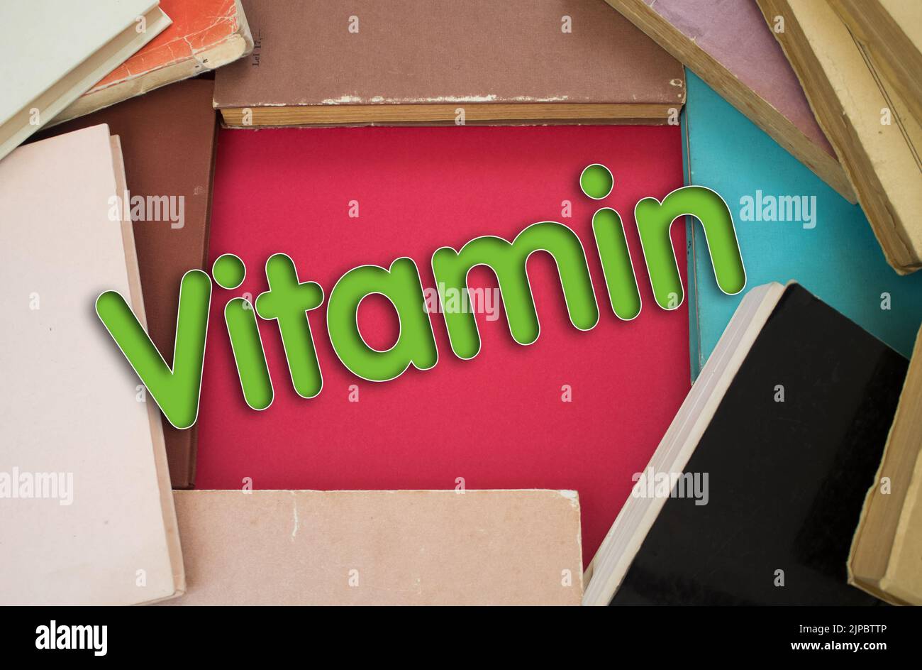 Vitamin word in opened book with vintage, natural patterns old antique ...