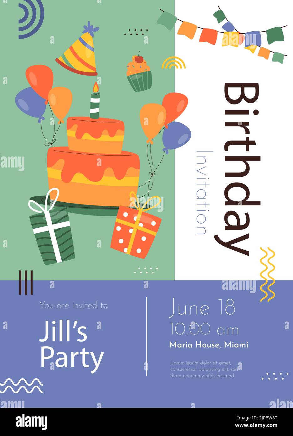 Hand drawn childrens party card invitation Vector illustration Stock ...