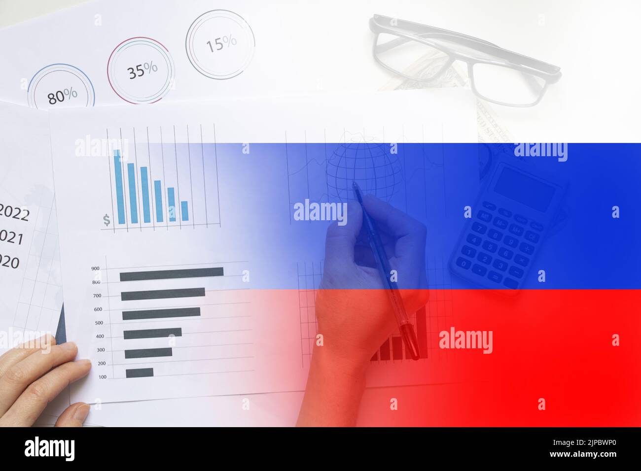 Economic report and histogram with statistics on the background of the ...