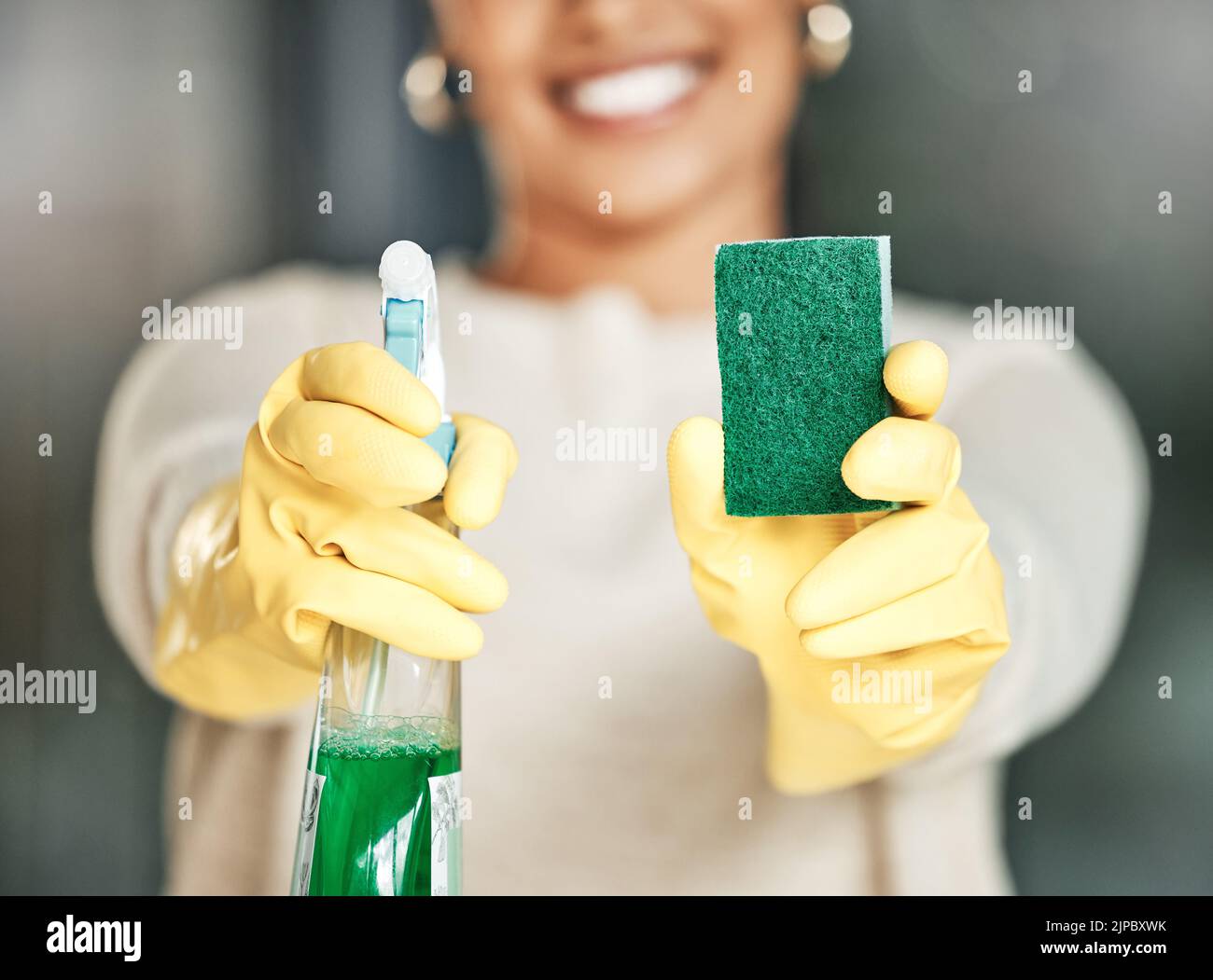 Cleaning, hygiene and sanitation with a spray bottle and sponge in the ...