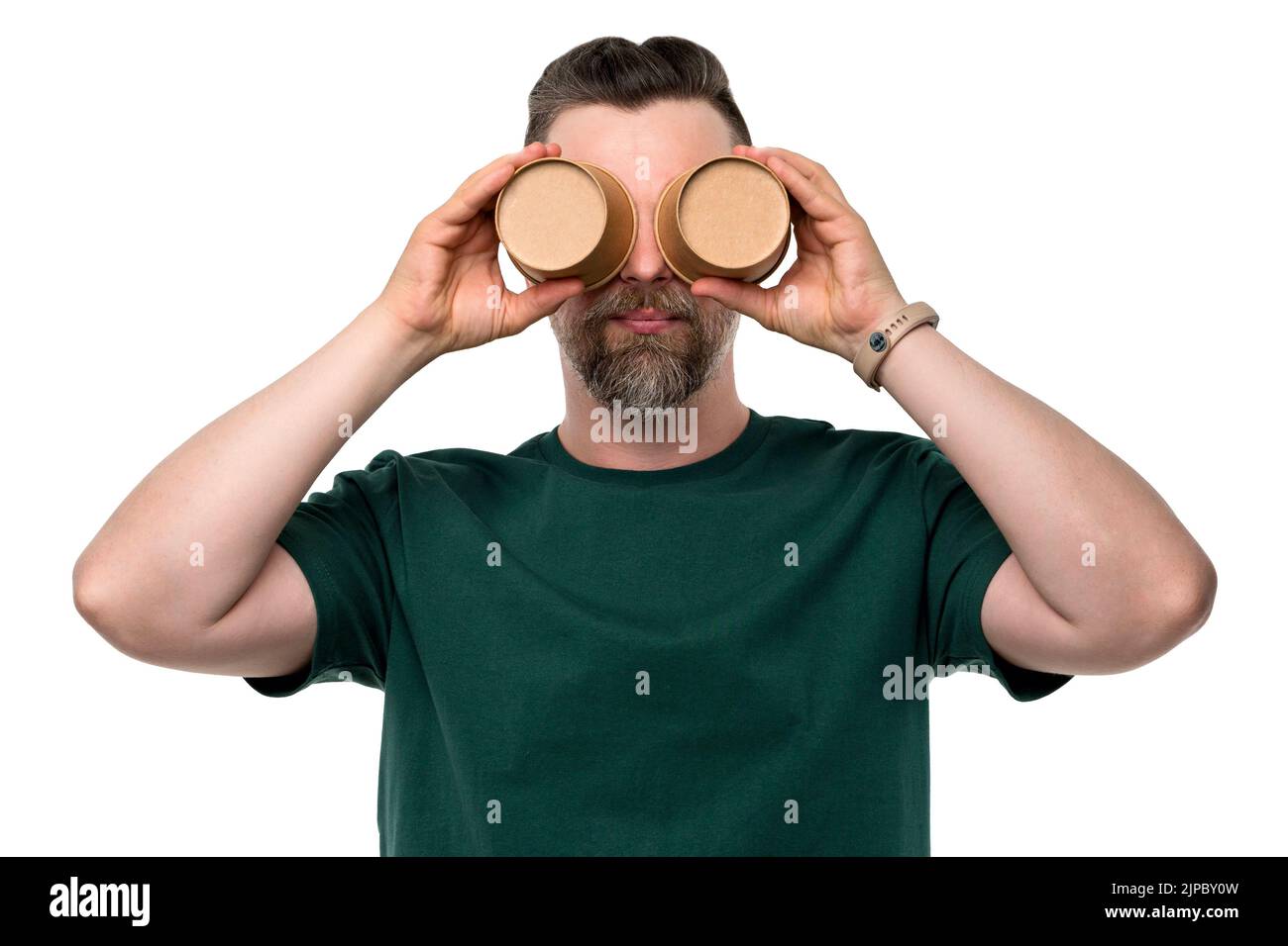 Funny bearded man environmental activist wears green t-shirt holds eco ... Funny bearded man environmental activist wears green t-shirt holds eco ...