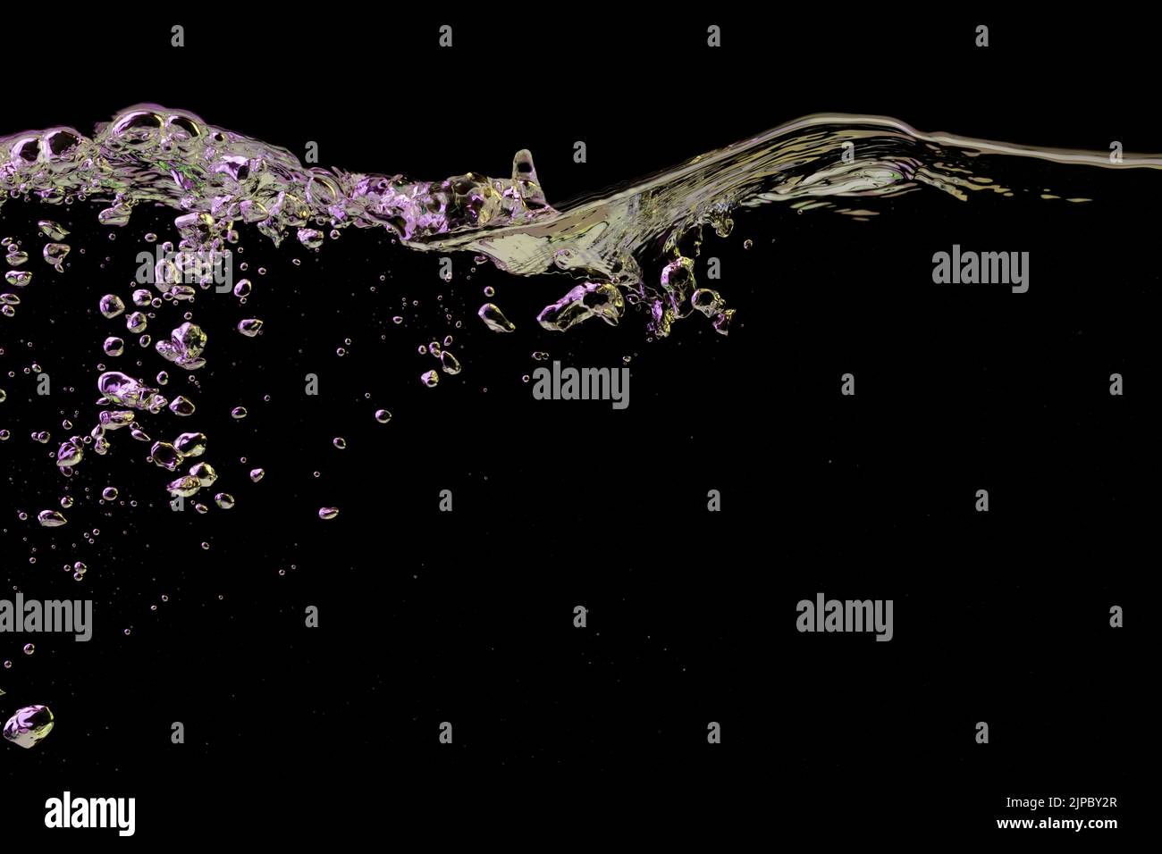 Clear water surface with ripple and bubbles in yellow and purple light ...