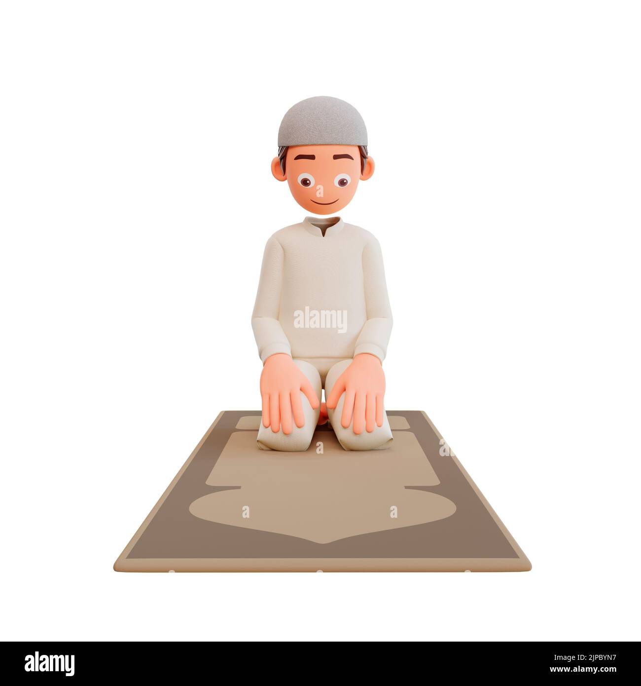 A 3D rendering of Muslim boy praying on rug in sujud position isolated ...