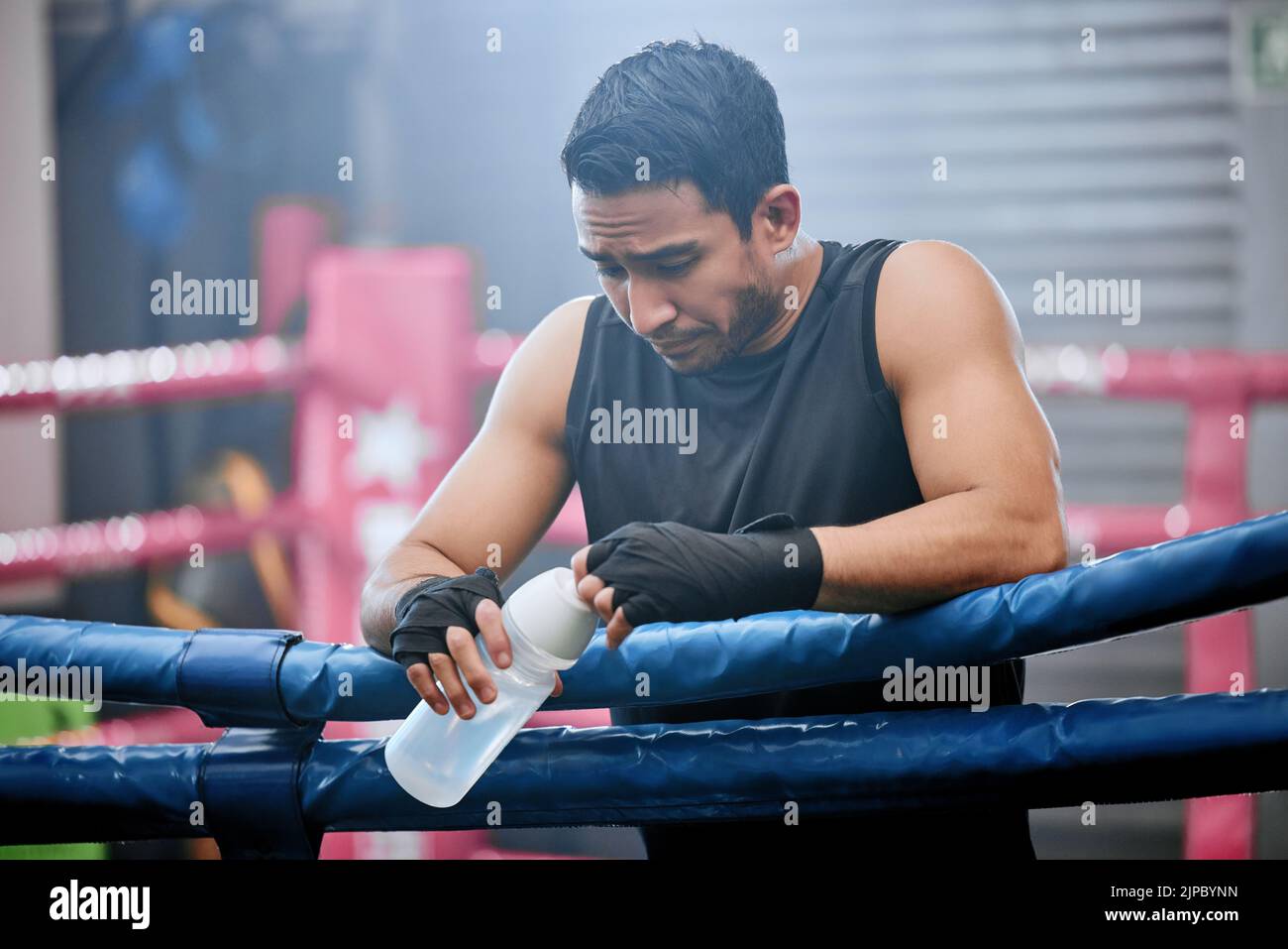 Sad, lose and defeated athlete looking tired after workout, unhappy and ...