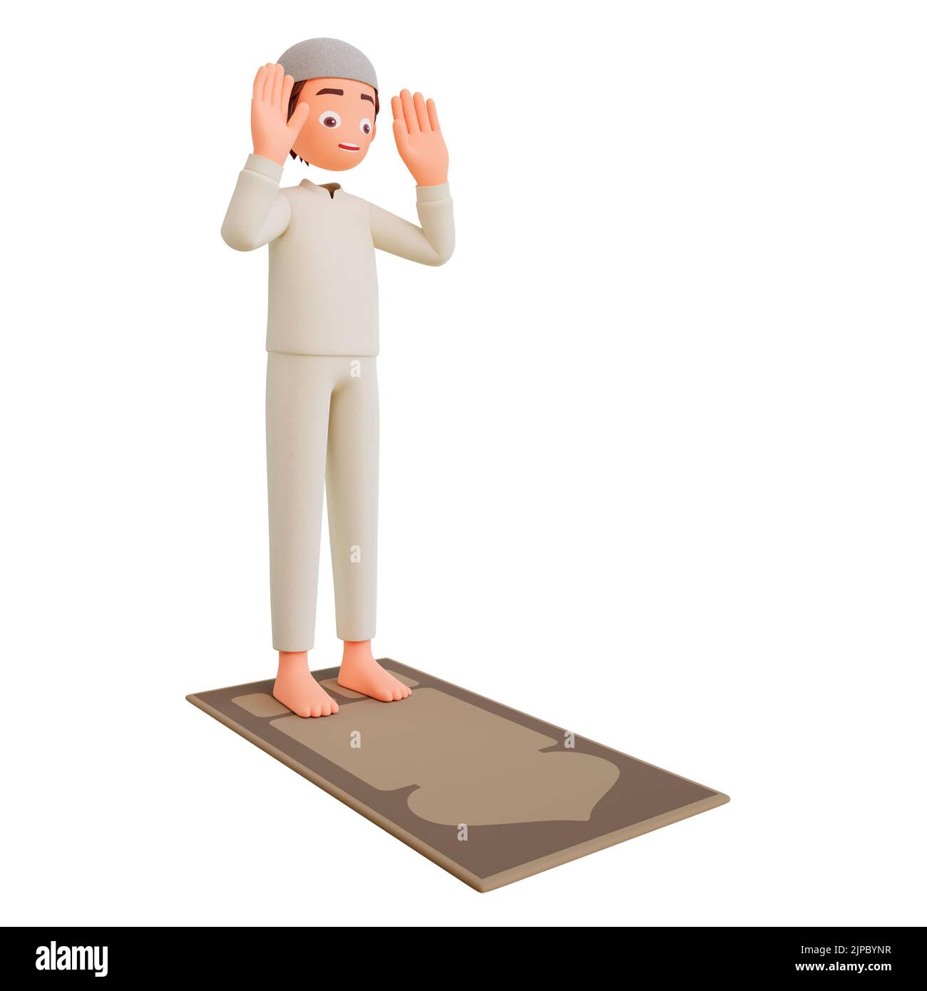 A 3D rendering of Muslim boy praying on rug with the hands up isolated ...