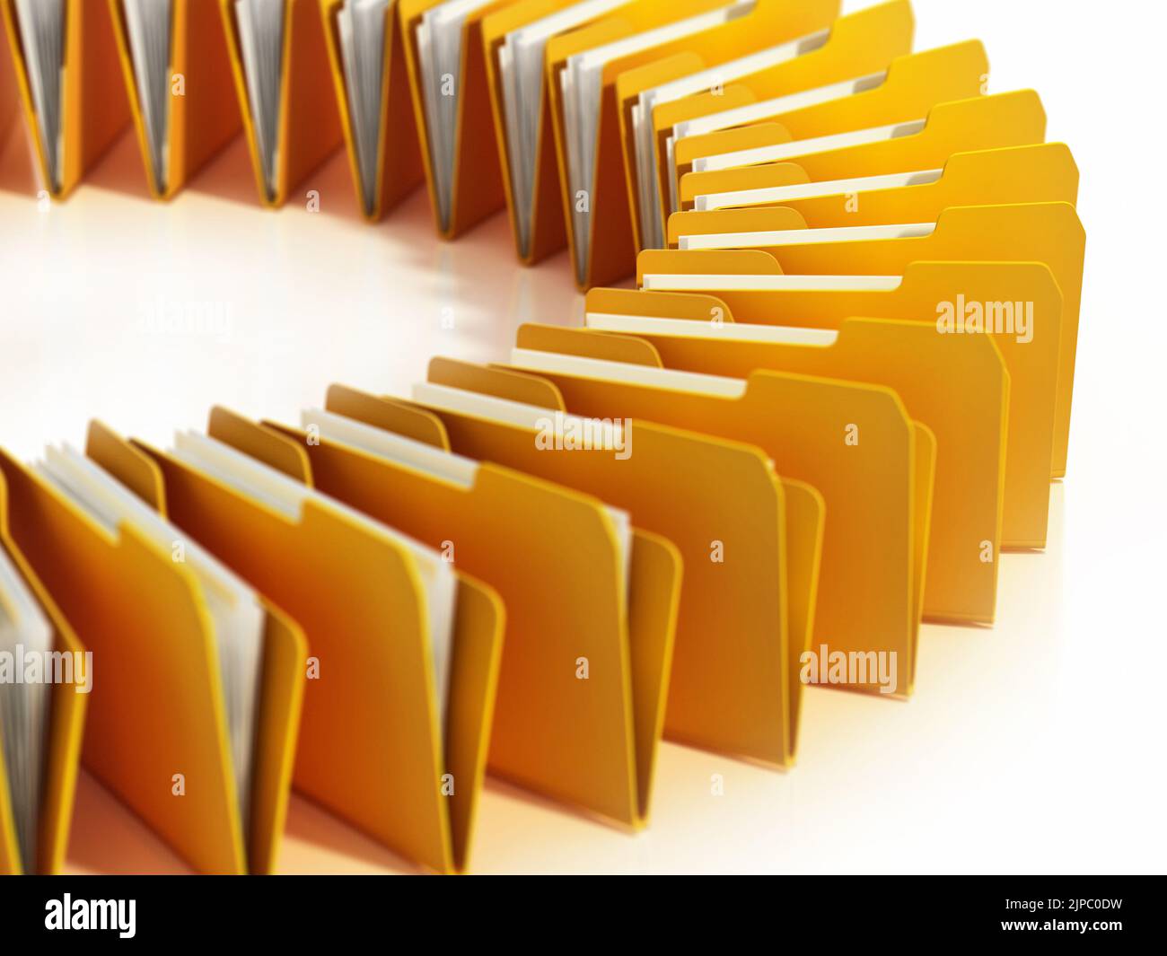 Yellow folders arranged in circle isolated on white background. 3D ...